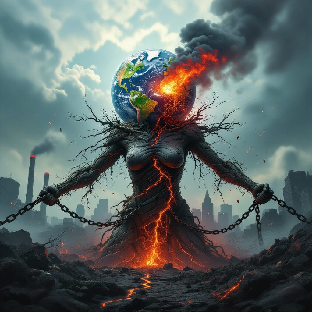 A bound Earth rages, her arms and legs made of roots and tectonic ...