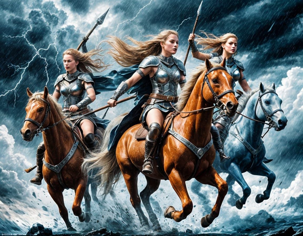 Epic Valkyries Gallop Through Stormy Skies in Hype... - AI Art