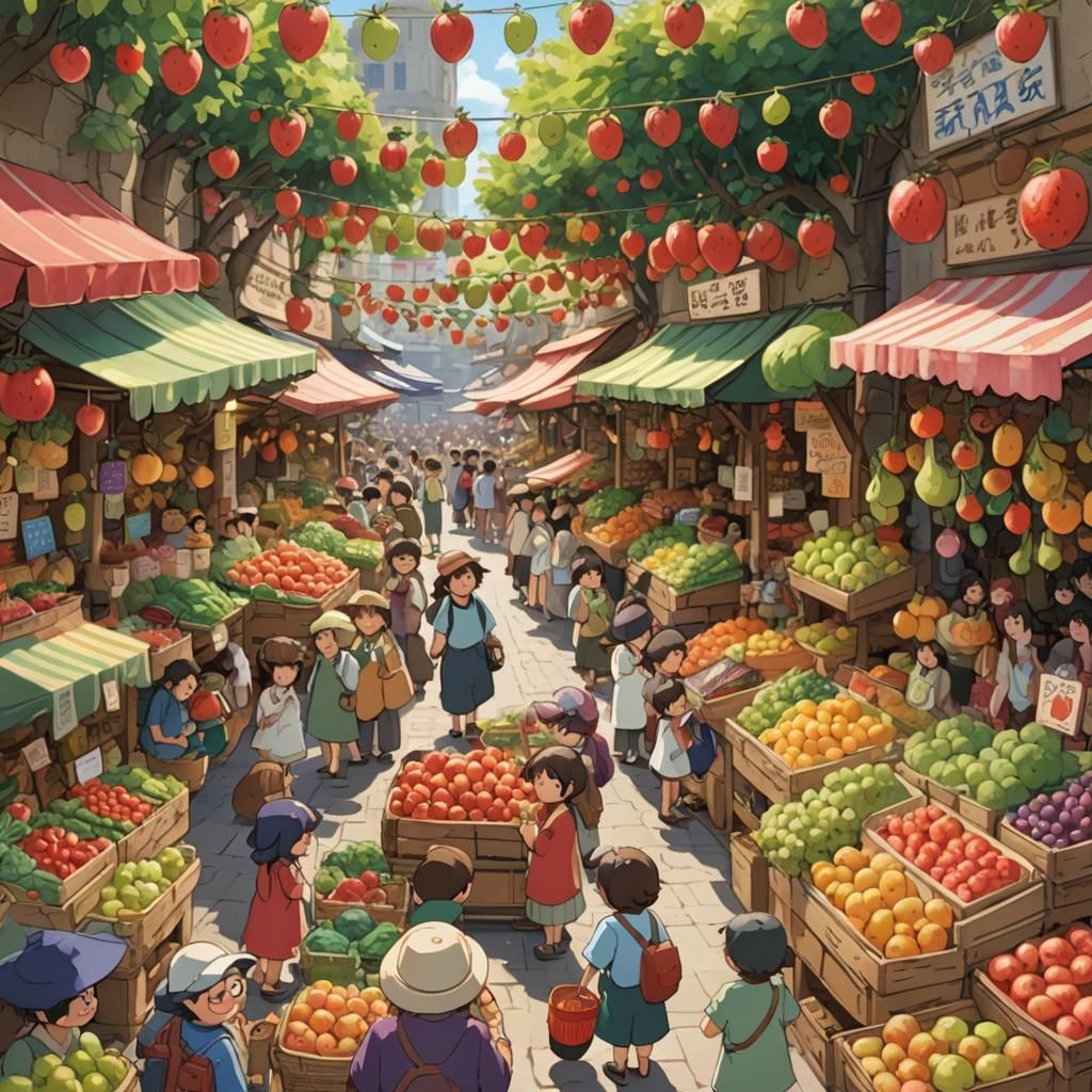 Chibi fruit market day, art by Disney and Studio Ghibli, a bustling ...