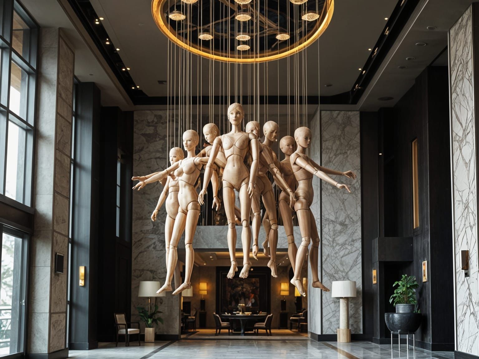Dolls' Surreal Ceiling Installation in Luxury Hote... - AI Art