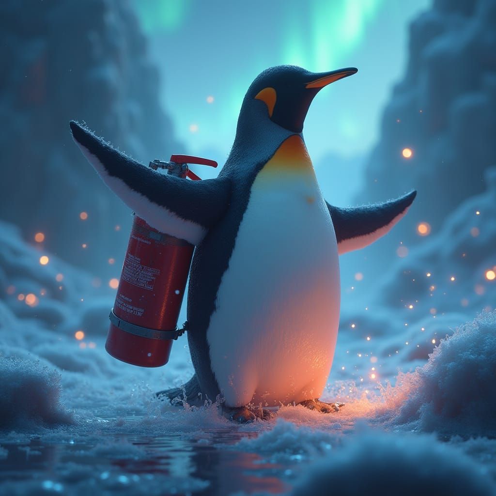 Ethereal Penguin Hero Ignites the Frosty Skies - AI Art
