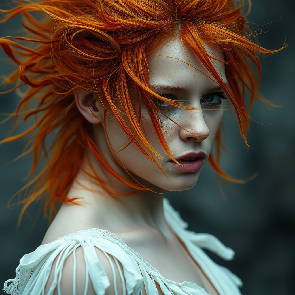 Ginger with messi ginger hair. Ghostly clothes. Background smoked and ...