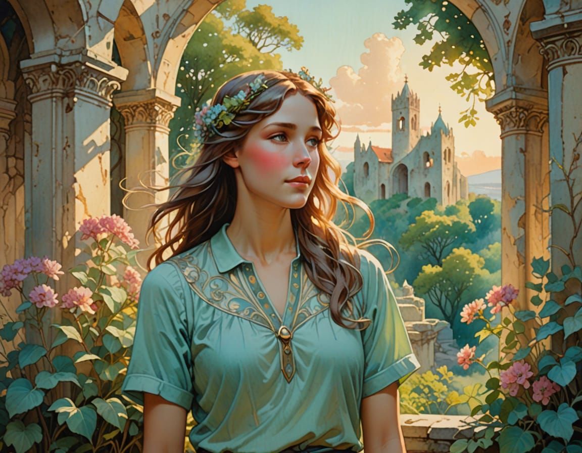 Elegant Art Nouveau Couple in Ancient Ruins - AI Art