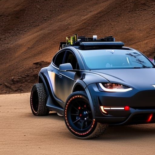 black opal coloured tesla x cyberpunk mad max car offroad tires bullbar ...