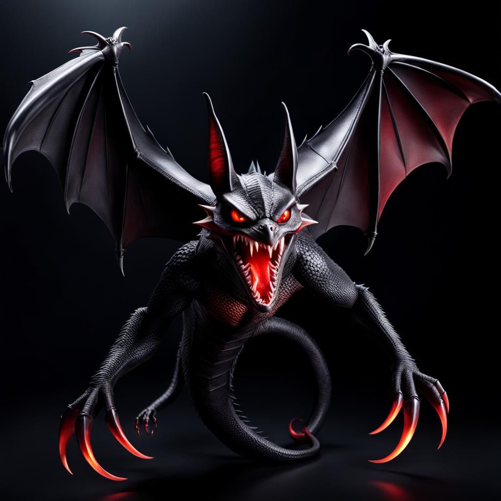 •A realistic 3D style of a mythological creature with red glowing eyes ...