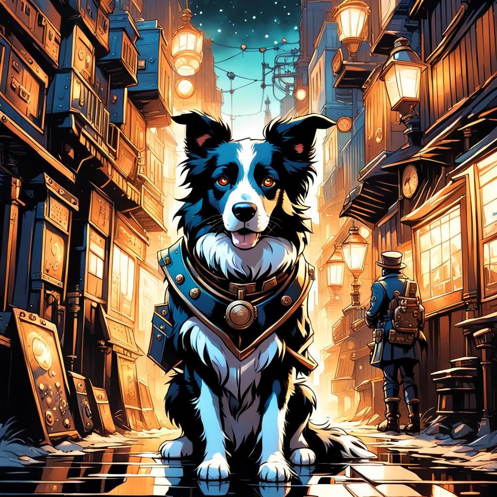 Border collie wandering in steampunk city, Masterpiece, Best Quality ...