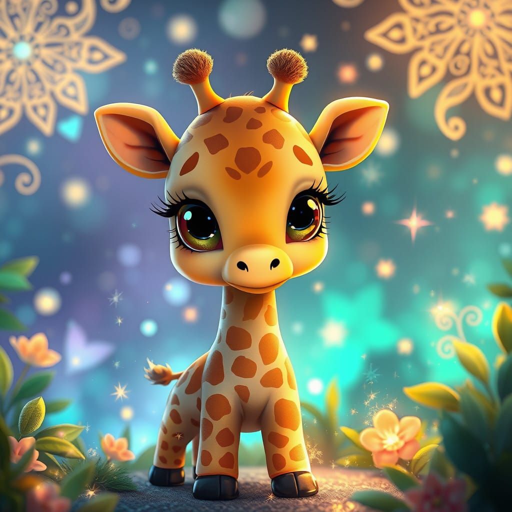 Cute Giraffe (B) - Whimsical Chibi Giraffe in Vibrant Fantas...
