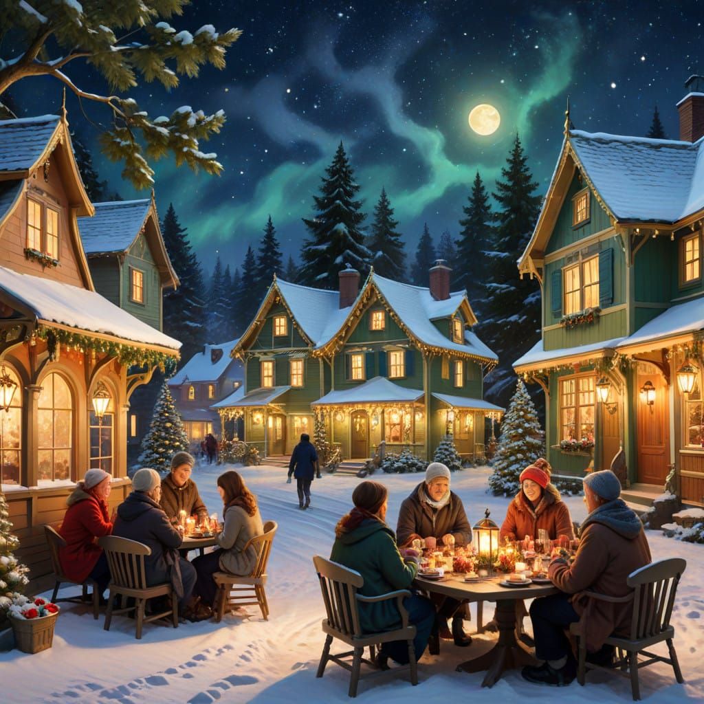 a vibrant holiday gathering in a cozy Christmas village under a starry ...