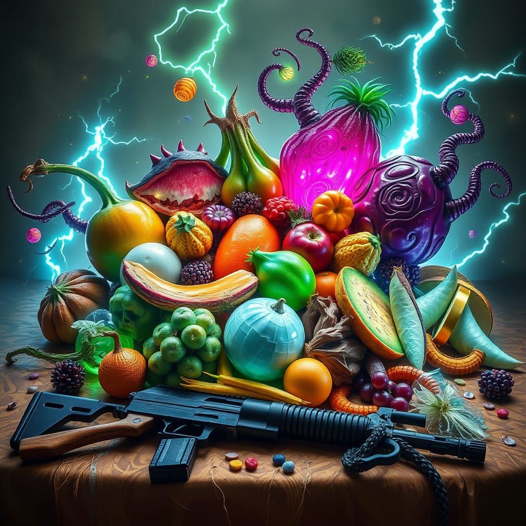 Whimsical Mutated Foods Offerings in Vibrant, Chao... - AI Art