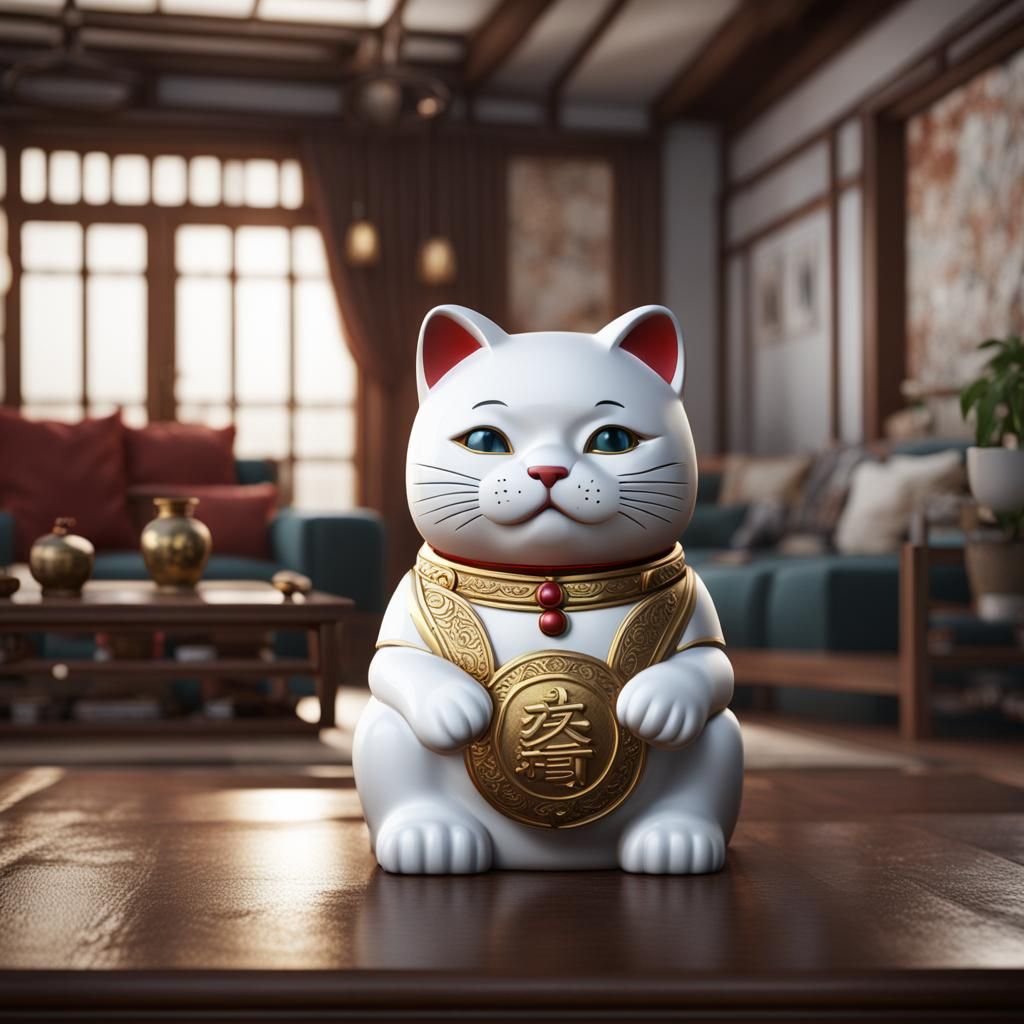 Hyper realistic white Maneki Neko in a living room - AI Generated ...