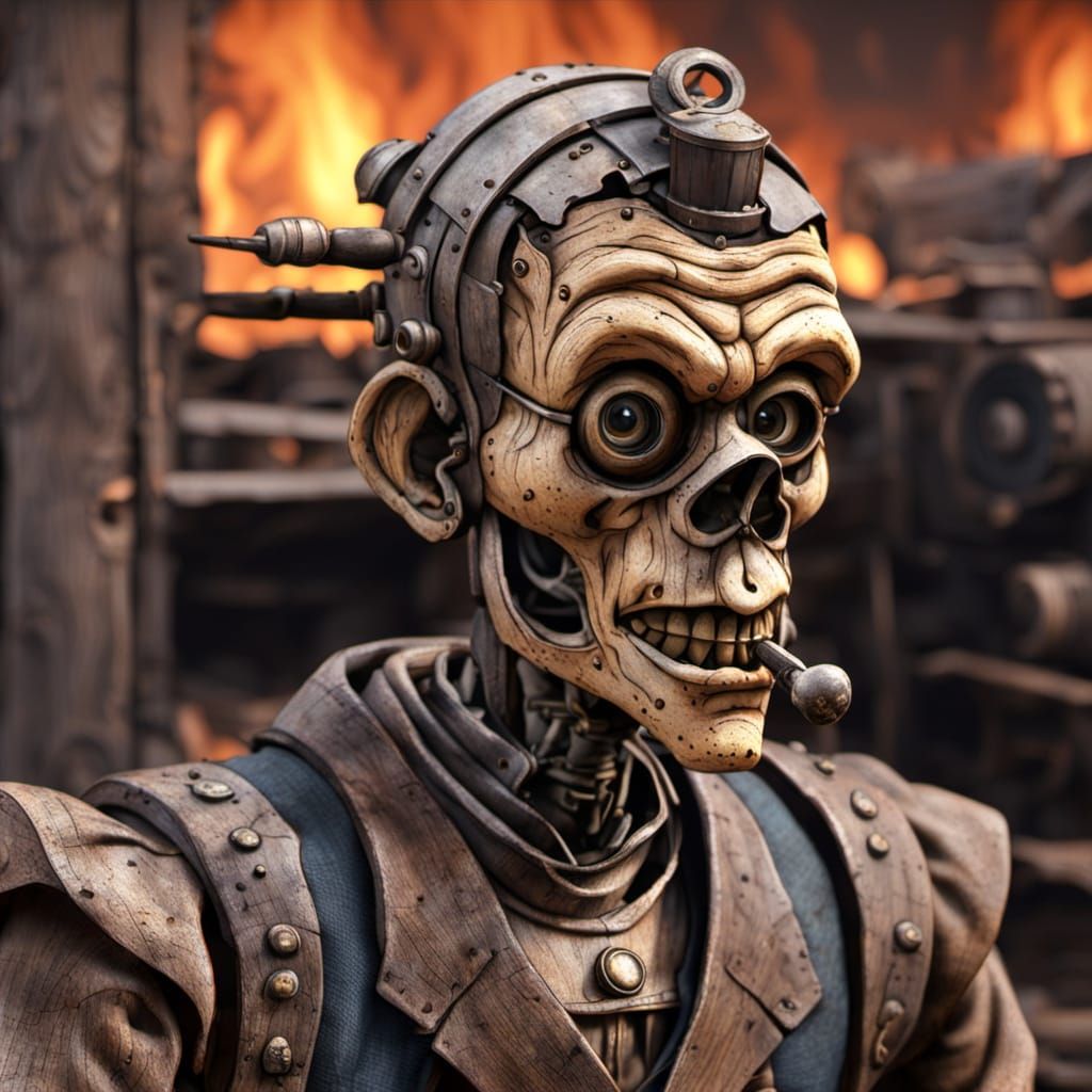 3/4 viee of a sevearly damaged wooden pinocchio after being burnt in a ...