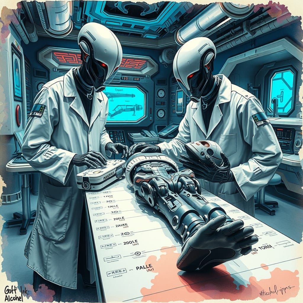 Alien Scientists in Lab Coats Scan Human Cyborg in... - AI Art