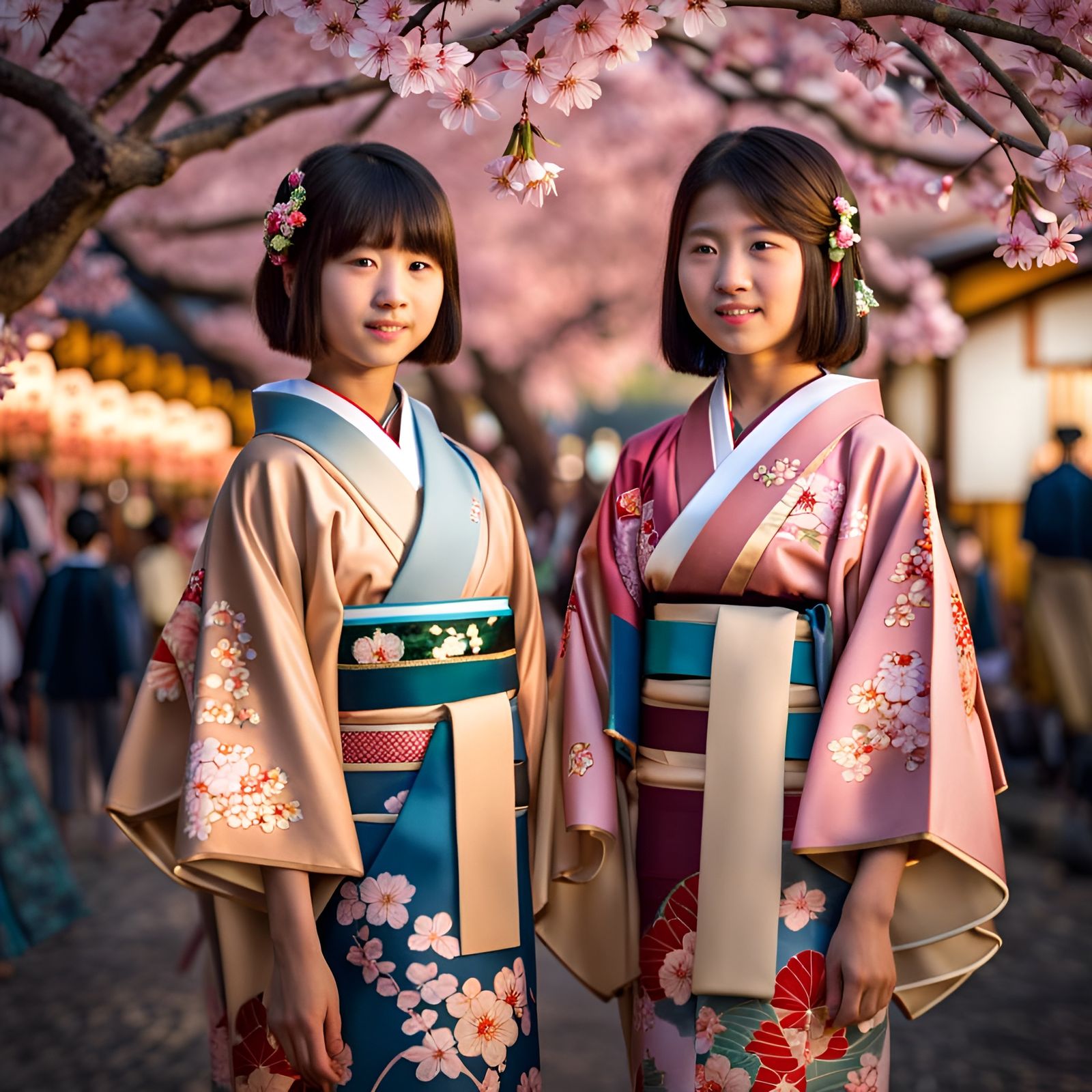 Japanese sisters pose for a picture while visiting a summer festival ...