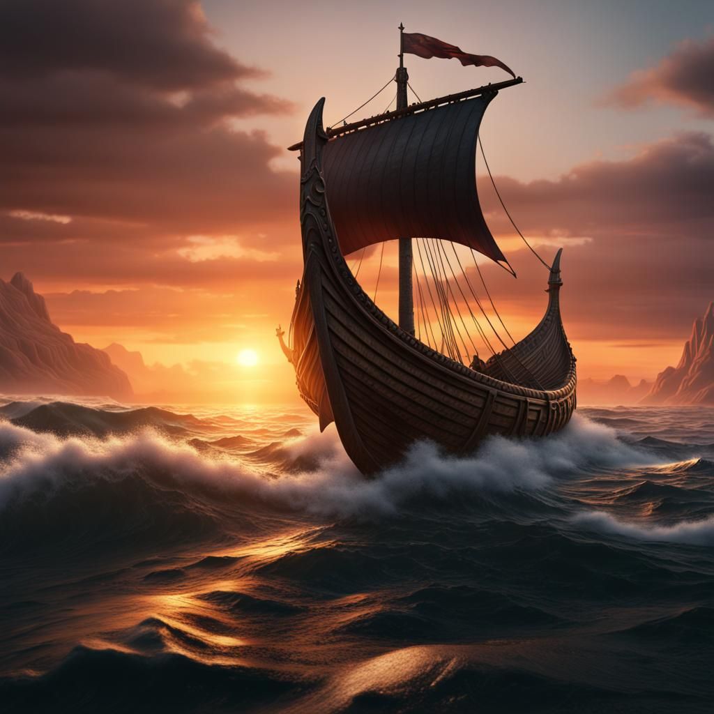 a viking ship heading to land in a sunset - AI Generated Artwork ...