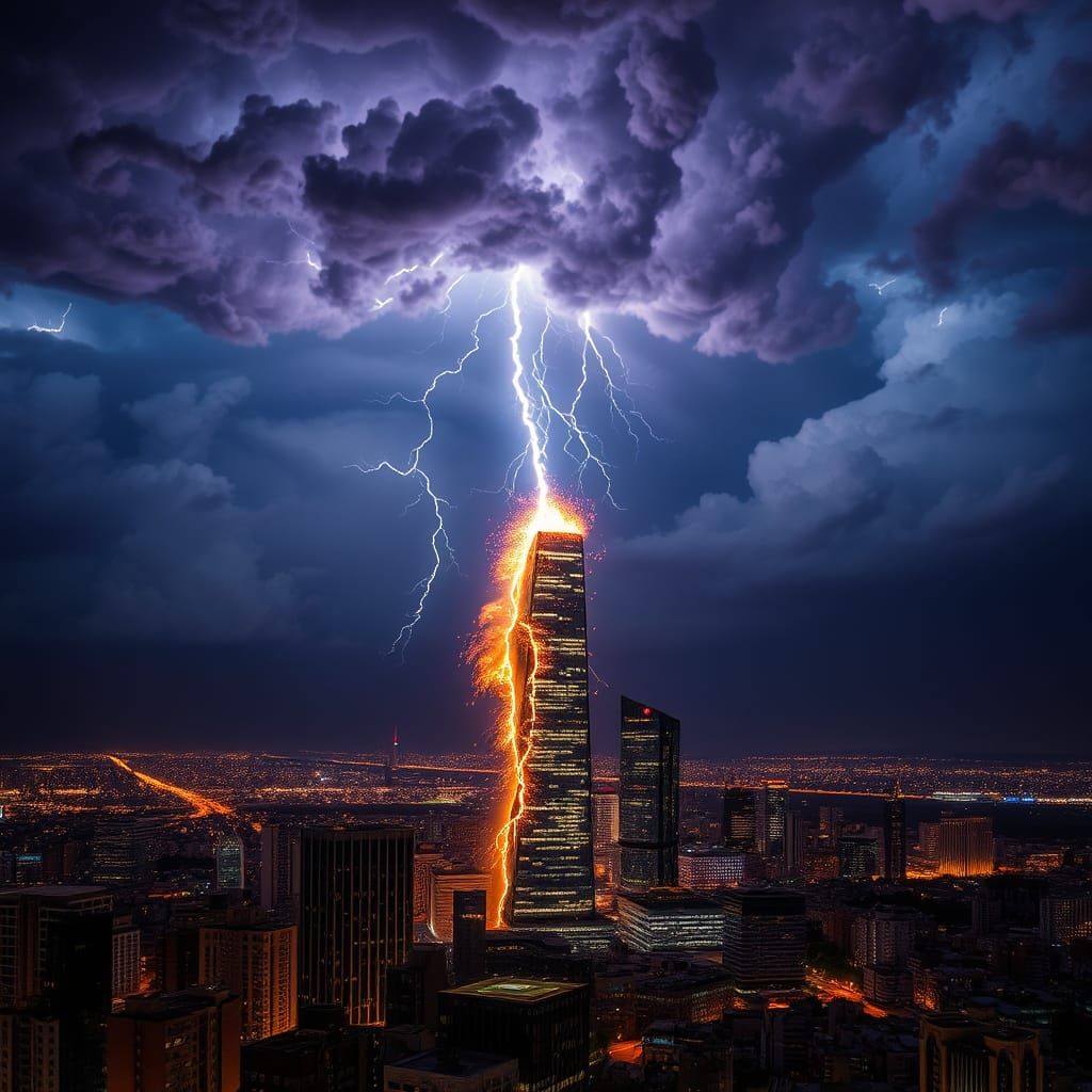 Epic Cityscape Illuminated by Cataclysmic Lightnin... - AI Art