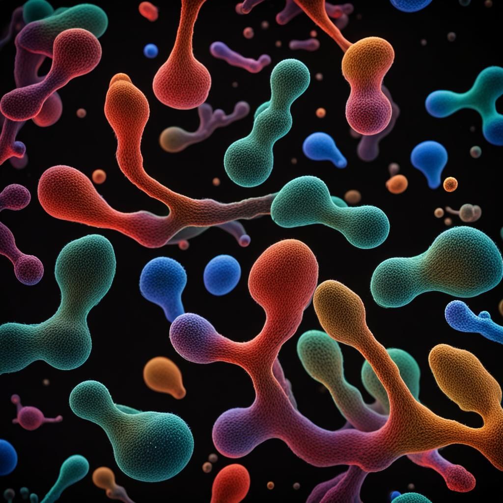 scanning electron microscopy SEM Image of neon colorful Amoebas, black ...