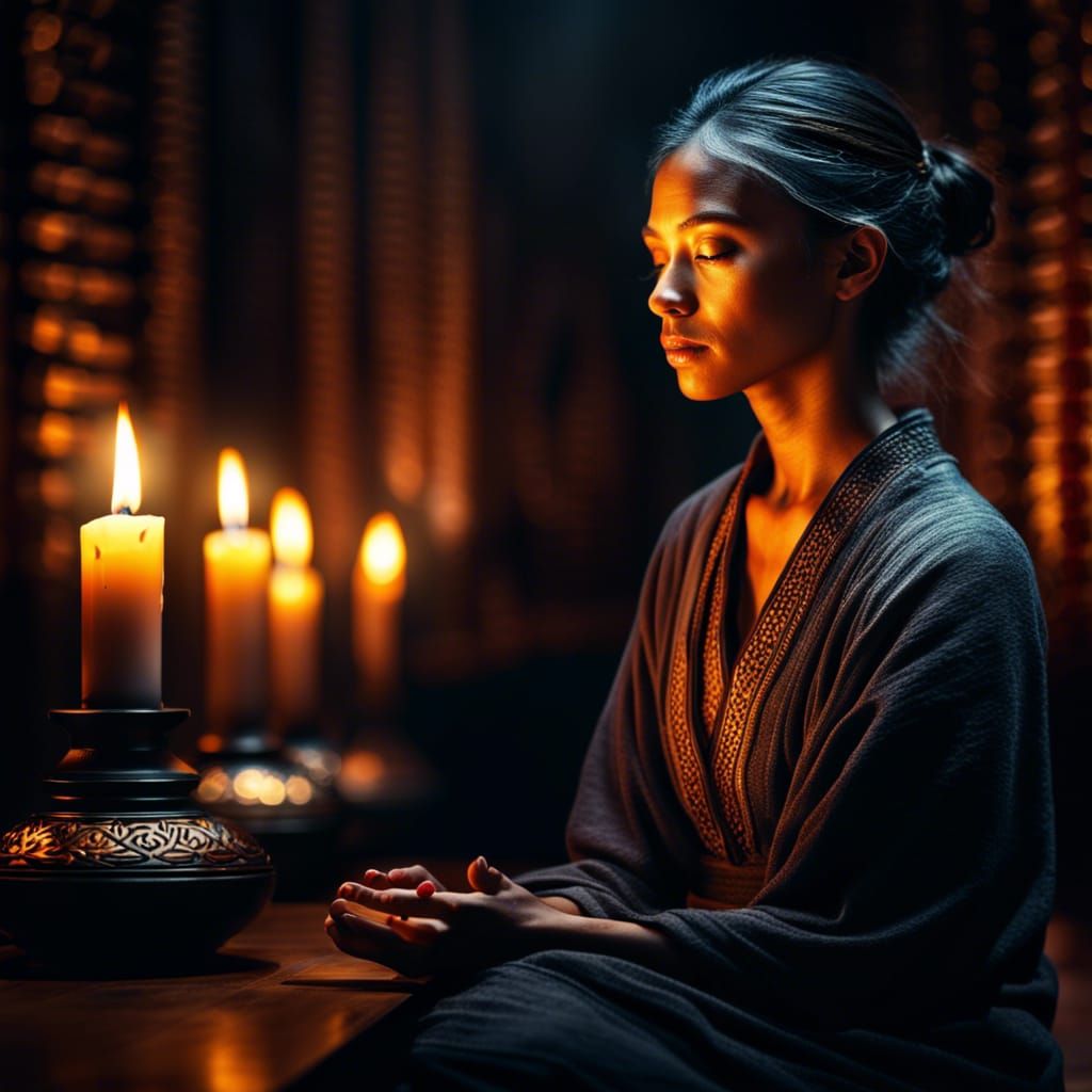 Meditating zen beautiful woman in candlelit scene, intricate details ...