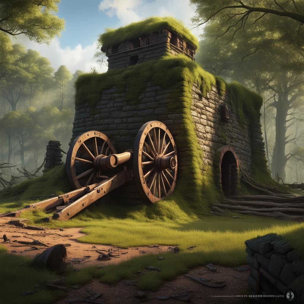 A rustic battle fort from the revolutionary war. The fort is covered in ...