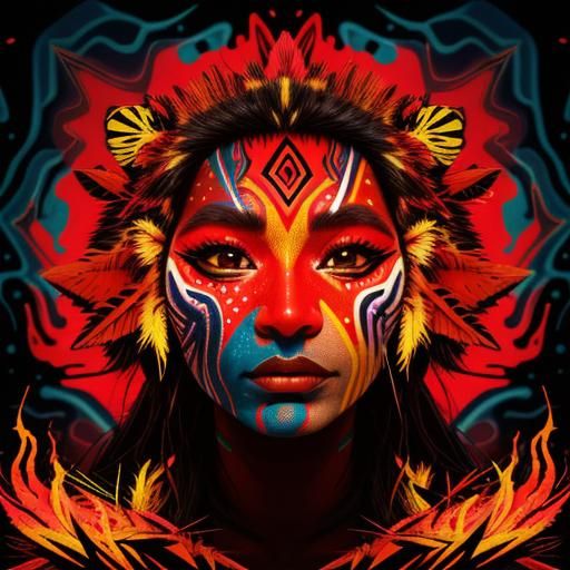 Indigenous Yanomami with war paint with luminescent colors in an alien ...