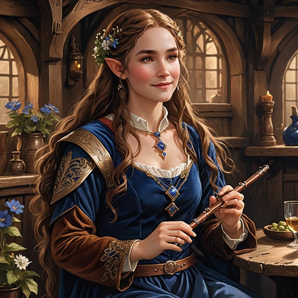 An elven lady playing a piccolo flute. She is sat in a tavern . - AI ...