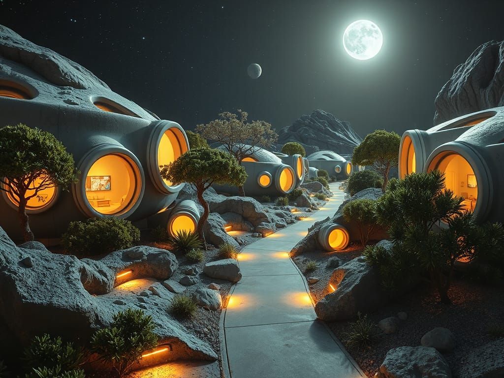 A SOLARPUNK-INSPIRED PEACEFUL NEIGHBORHOOD ON THE MOON WITH GLOWING ...