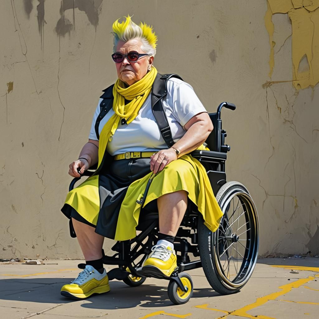 Overweight Granny, fluro yellow black futuristic wheelchair, fluro ...