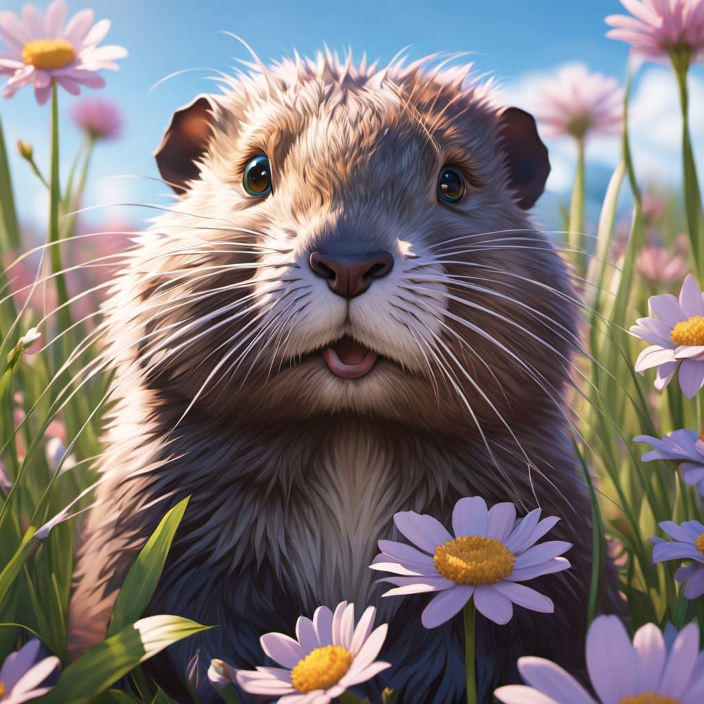 Portrait of a cute Nutria with Flowers