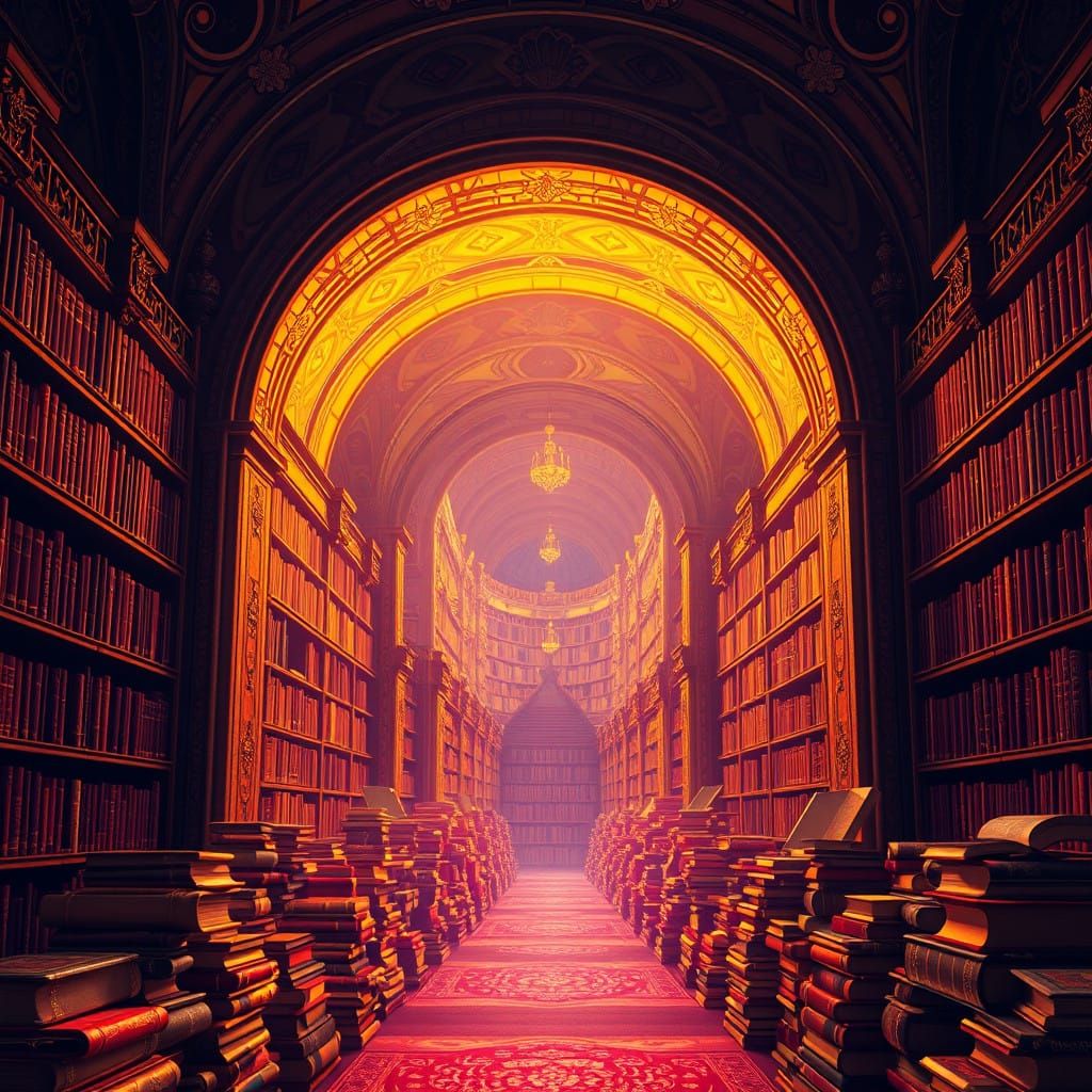 Golden Hour Archway to Endless Library of Leather-... - AI Art