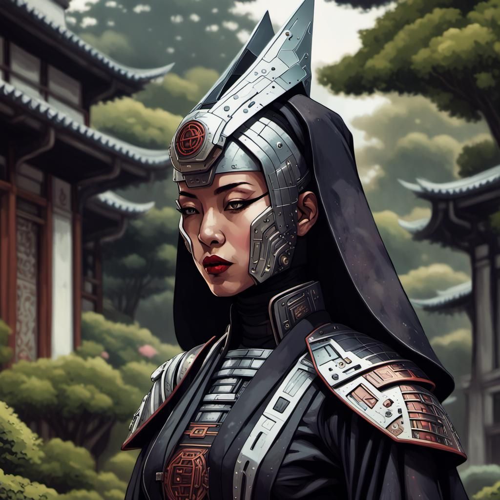 close-up of female sith priest pope geisha knight cyborg samurai cyborg ...