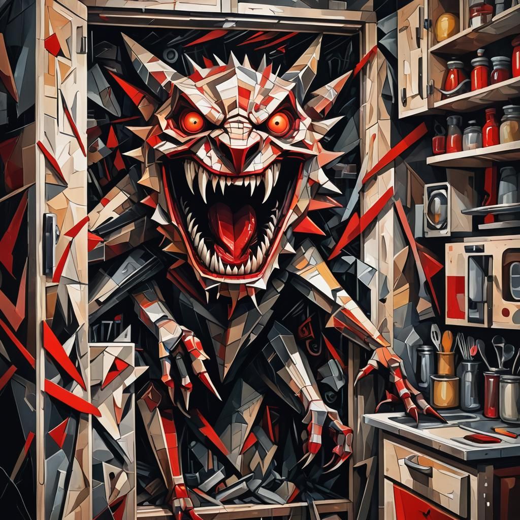 Disturbing Creature Emerges from Dark Cubist Abyss - AI Art