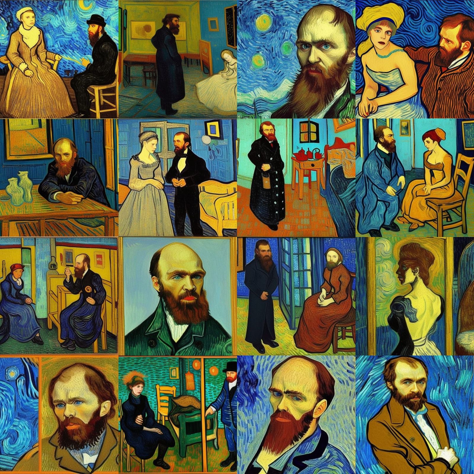 Dostoyevsky talking to Lady Gaga, Van Gogh style, deep blue - AI ...