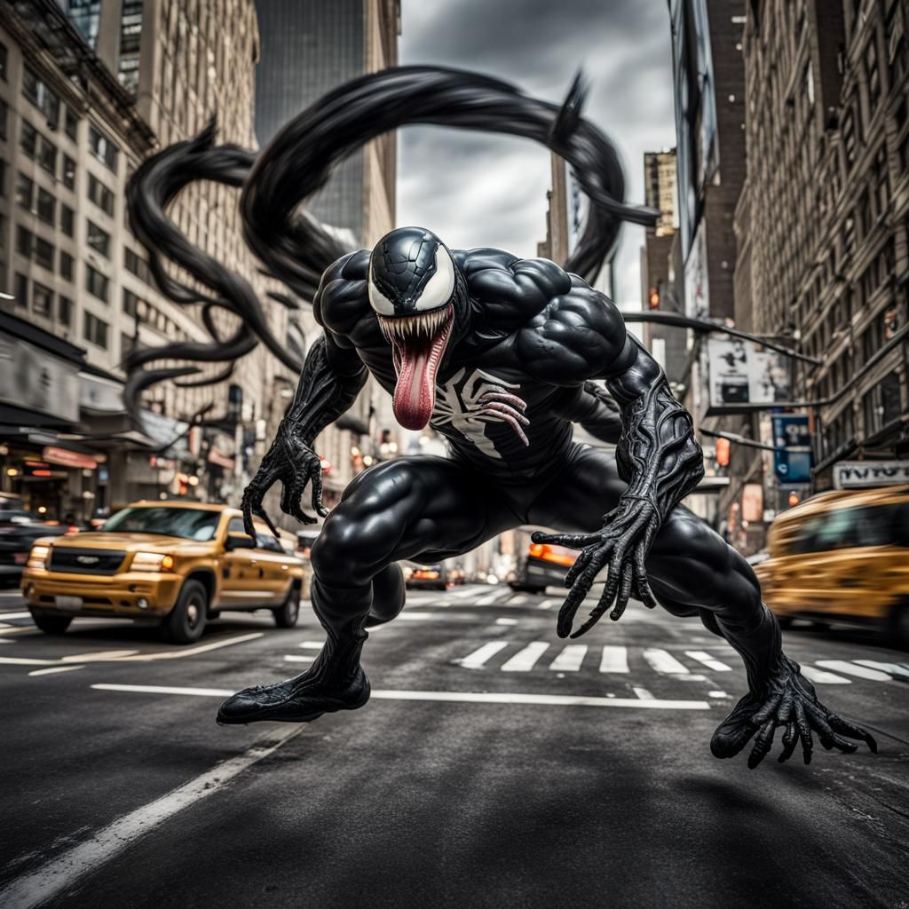 Venom swinging through New York City, Professional photograph, hyper ...