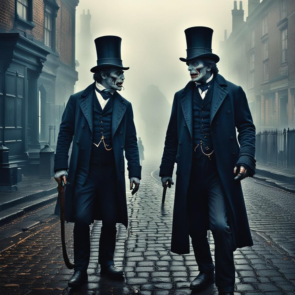 Dr Jekyll and Mr Hyde confronting each other in the foggy streets of ...