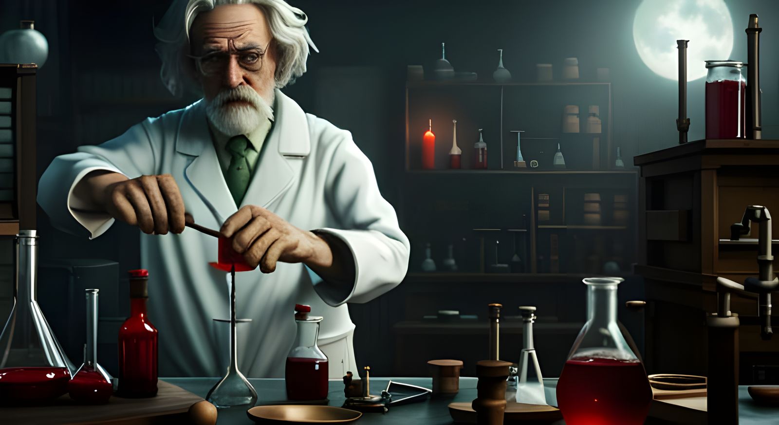 Scientist Mixing potions in a Moonlit laboratory - AI Generated Artwork - NightCafe Creator