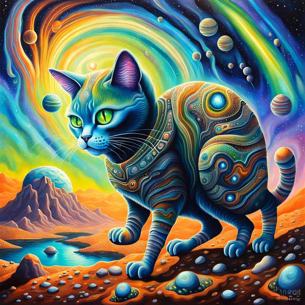 Iridescence aliencat in earth dynamic psychedelic fantastical sci-fi detailed painting - AI ...