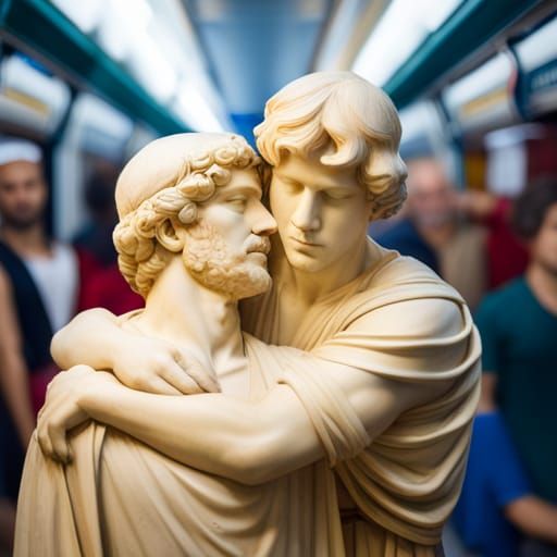 Antinous and emperor Hadrian embrace on a subway - AI Generated Artwork ...