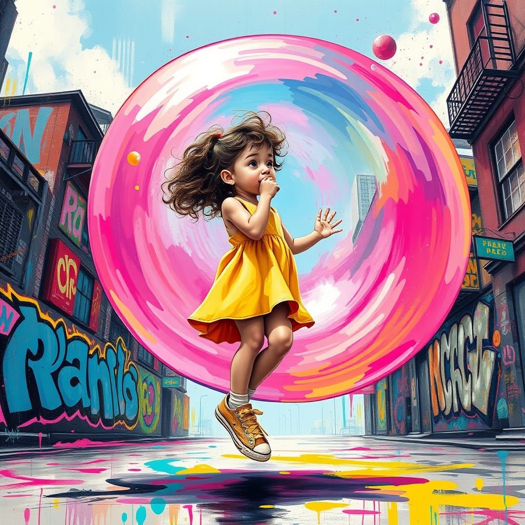 Little Girl Ascends into Vibrant Urban Vortex - AI Art