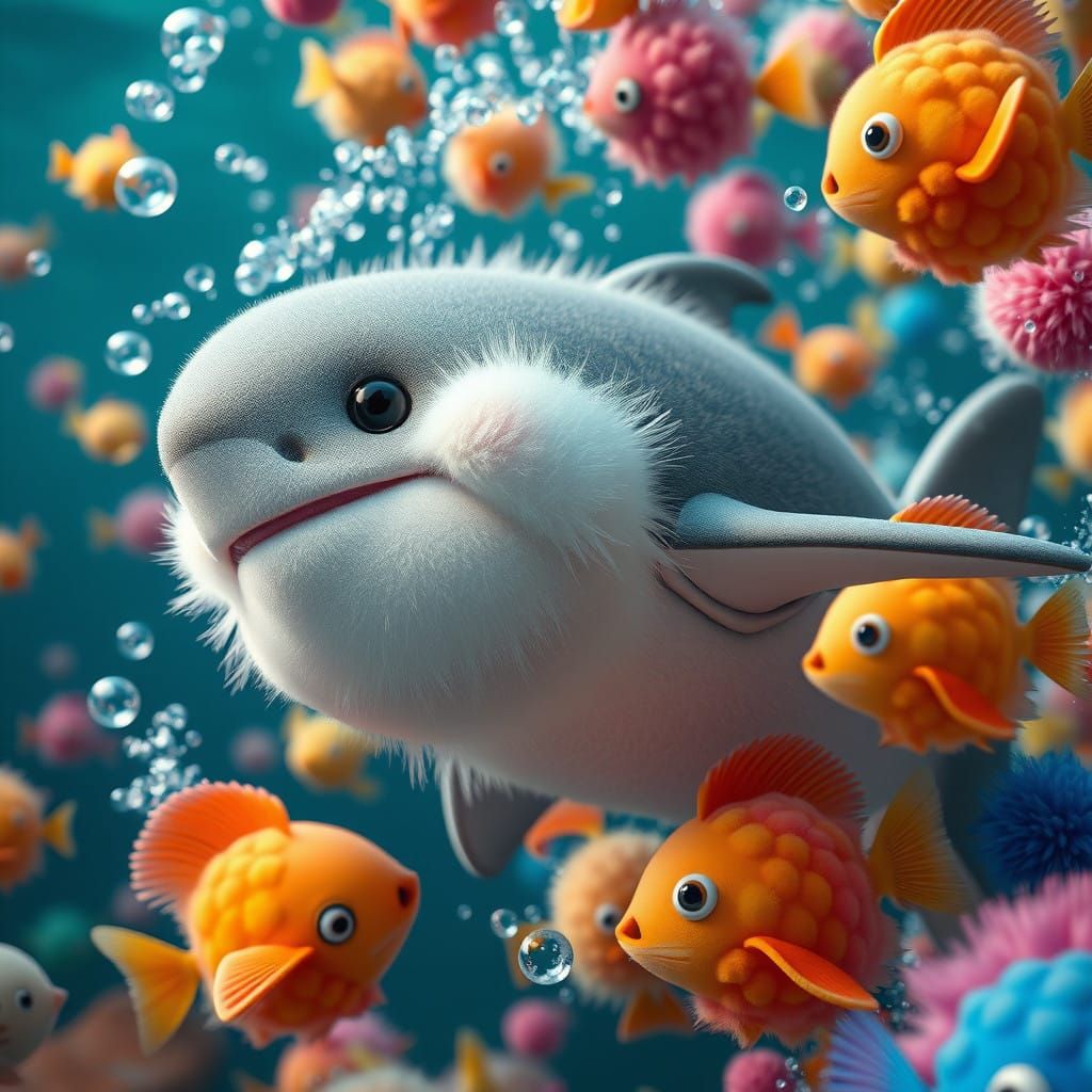 Vibrant Underwater Portrait of a Fluffy Shark in a... - AI Art