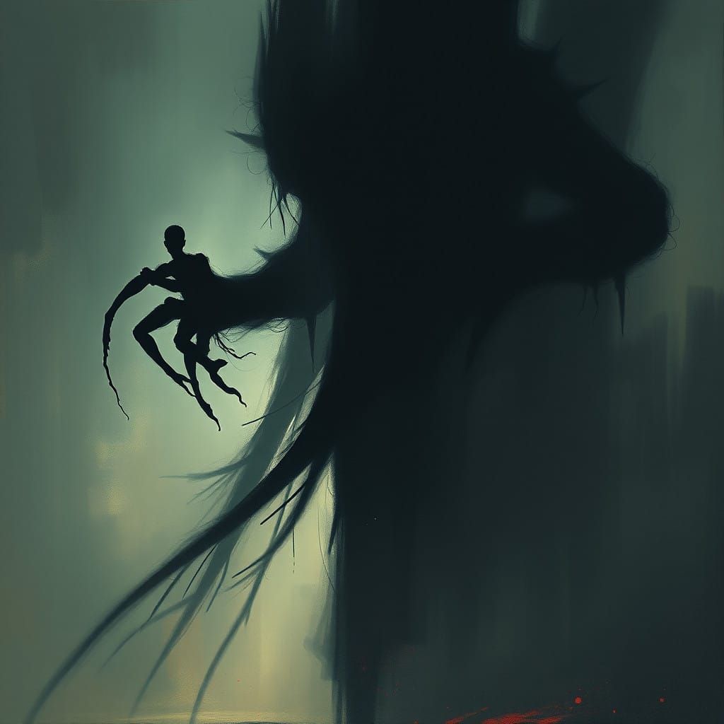 a looming black shadow reaches out to grab hidden person by artist Russ ...