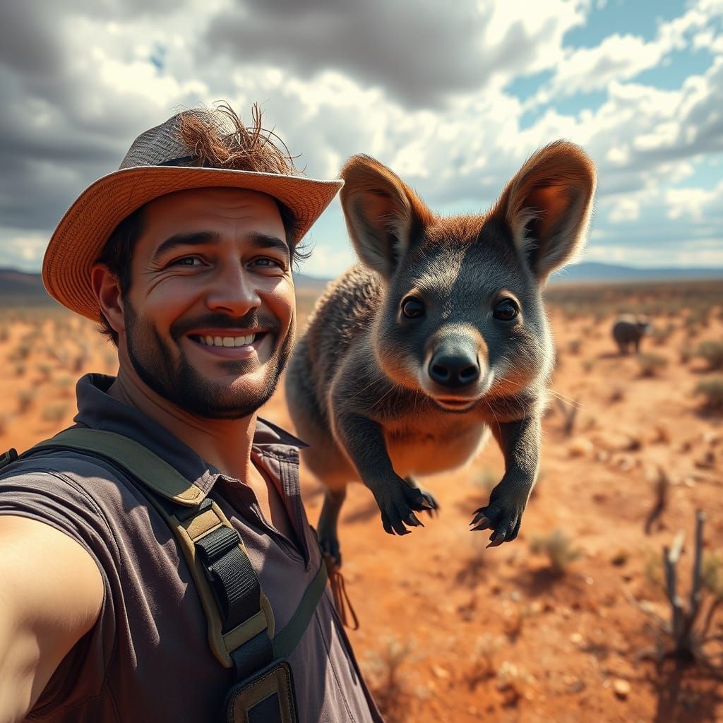 Australian Outback Adventurer Smiles with Quokka i... - AI Art