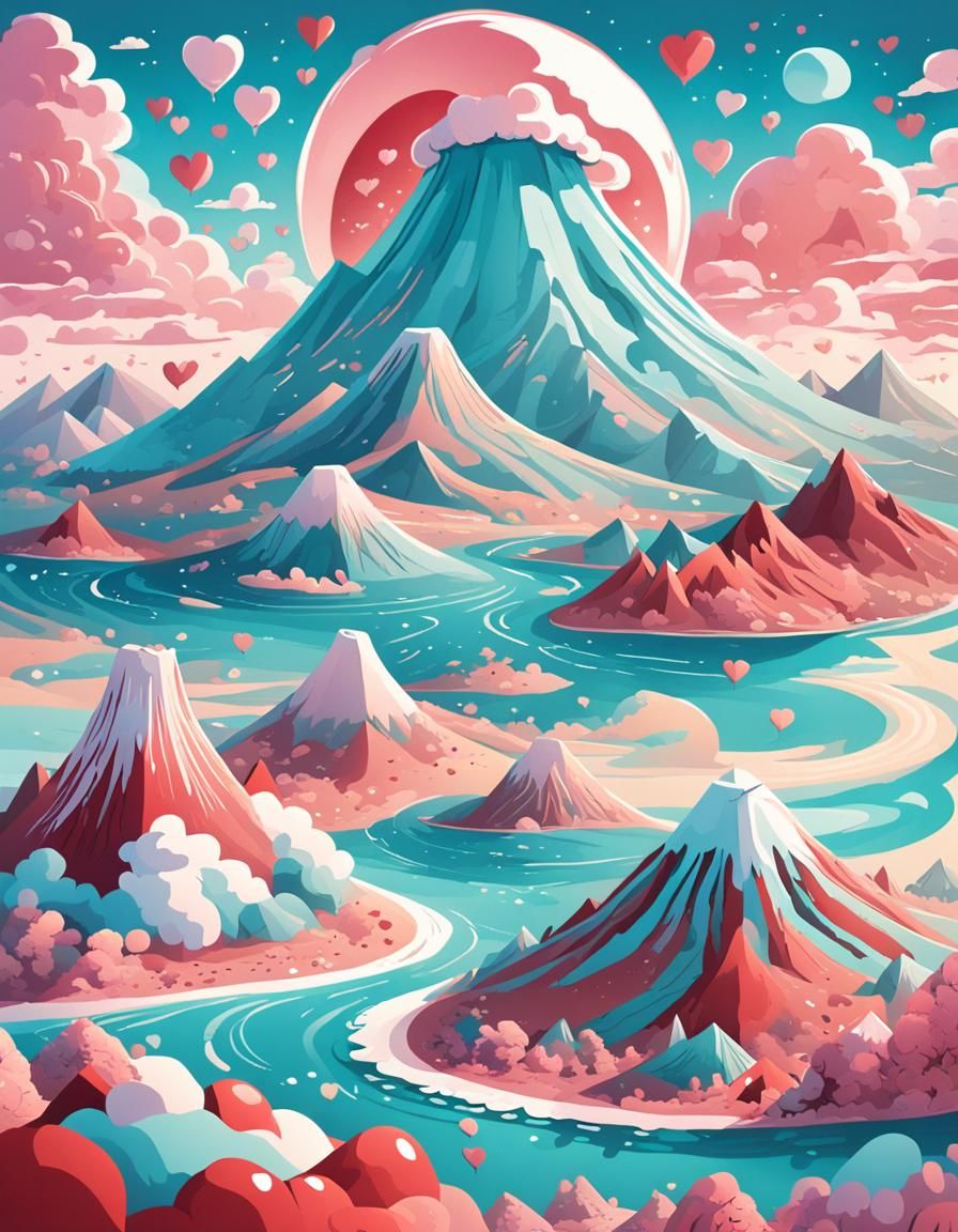 Two cute smiling cartoon volcanoes with arms, legs... - AI Art