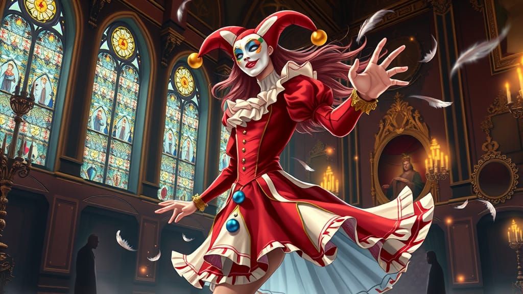 A twirl of feathers faded and the jester appeared in the room.