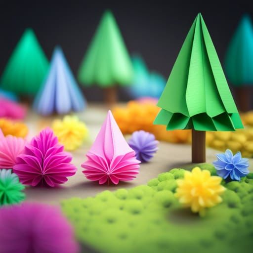 Flower garden with trees Origami paper folds papercraft, made of paper ...