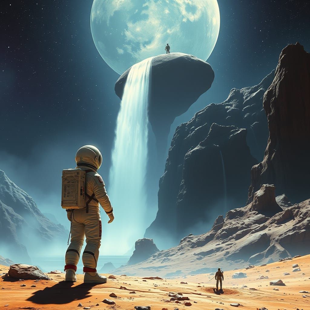 Astronauti - Astronaut and Floating Island Waterfall in Spac...