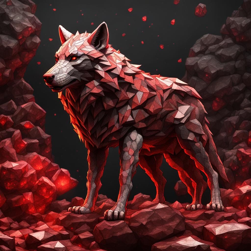 Drawing of a wolf made of red stones. The surroundings are in red and ...