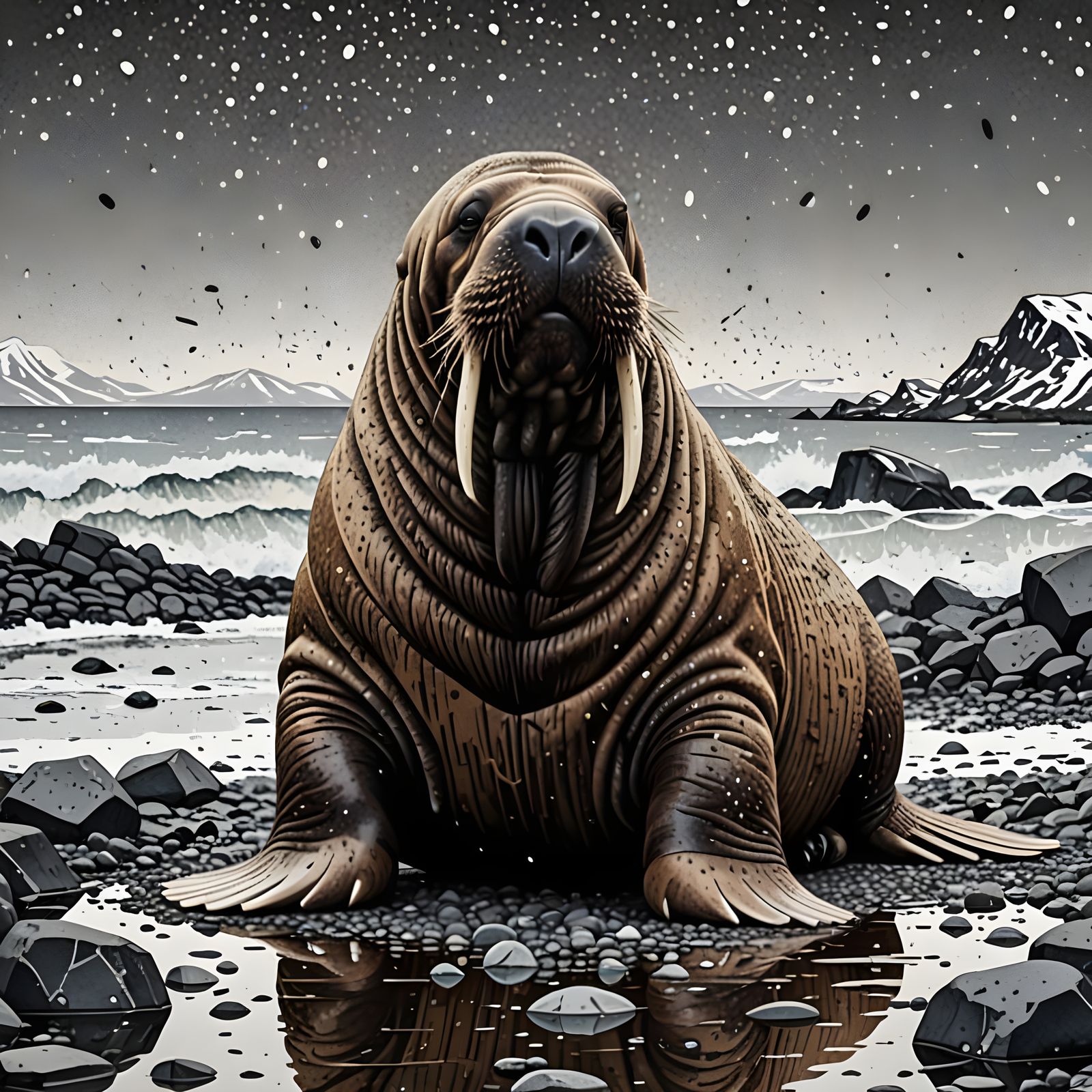 Walrus - Walrus on a Frosty Beach in Ink Splatter Art