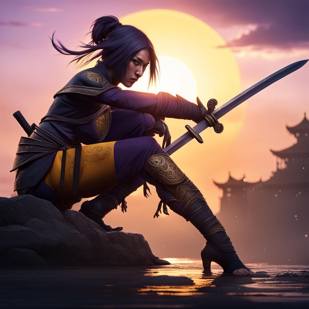 Female Japanese ninja assassin crouching with her sword above her head ...