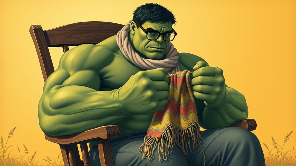 The Incredible Hulk Knits in a Gentle, Domestic Sc... - AI Art