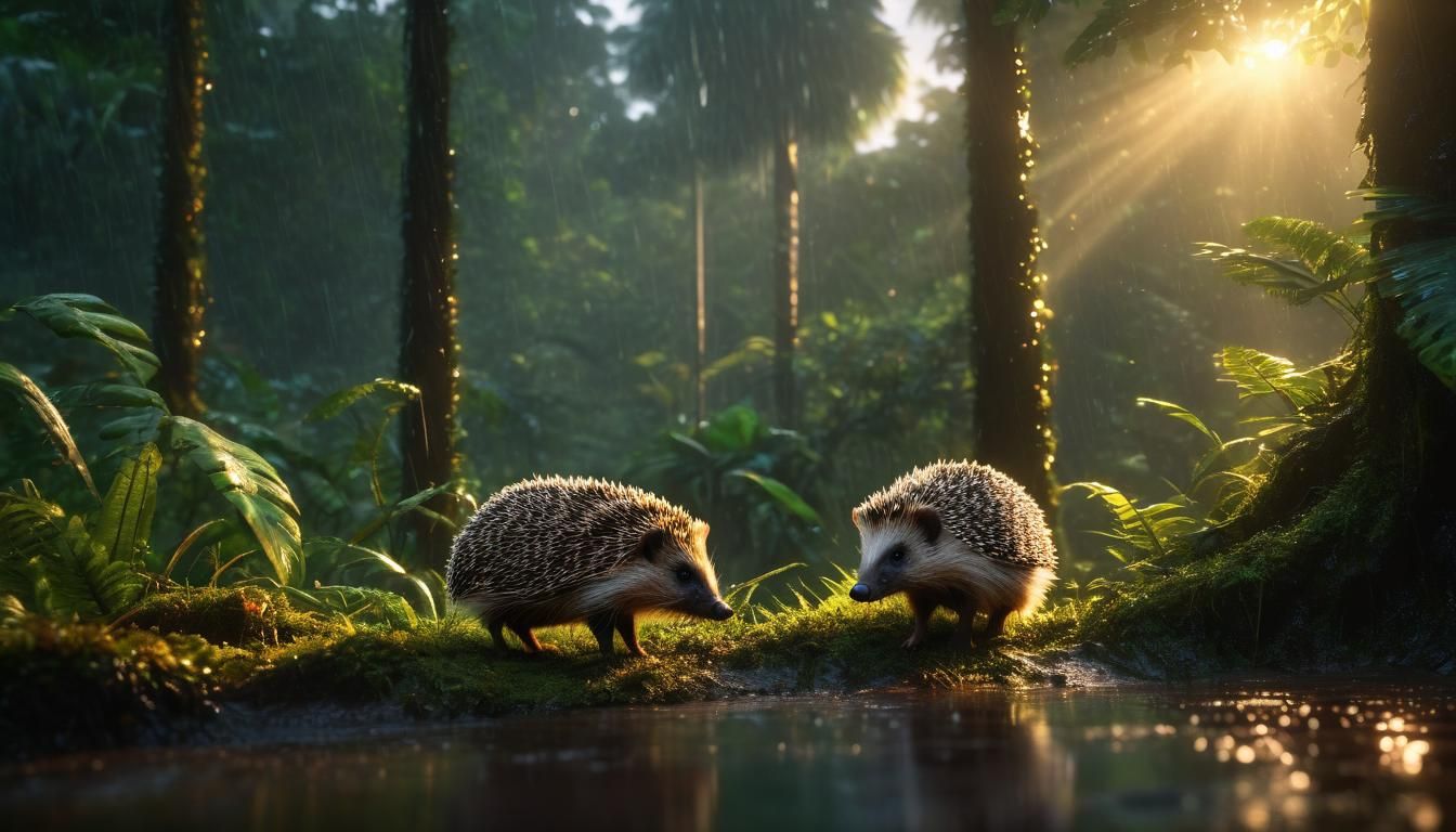 hedgehogs in a rainforest, sunset reaching through trees in through a ...
