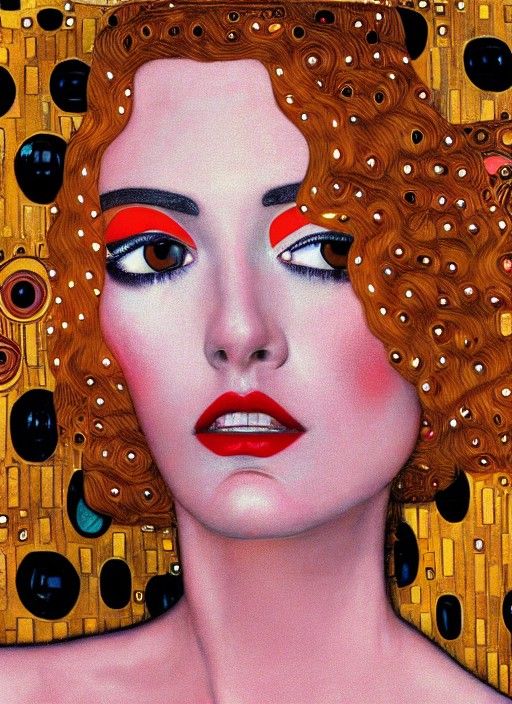 Female robot portrait long eyelashes large red lips Gustav Klimt ...